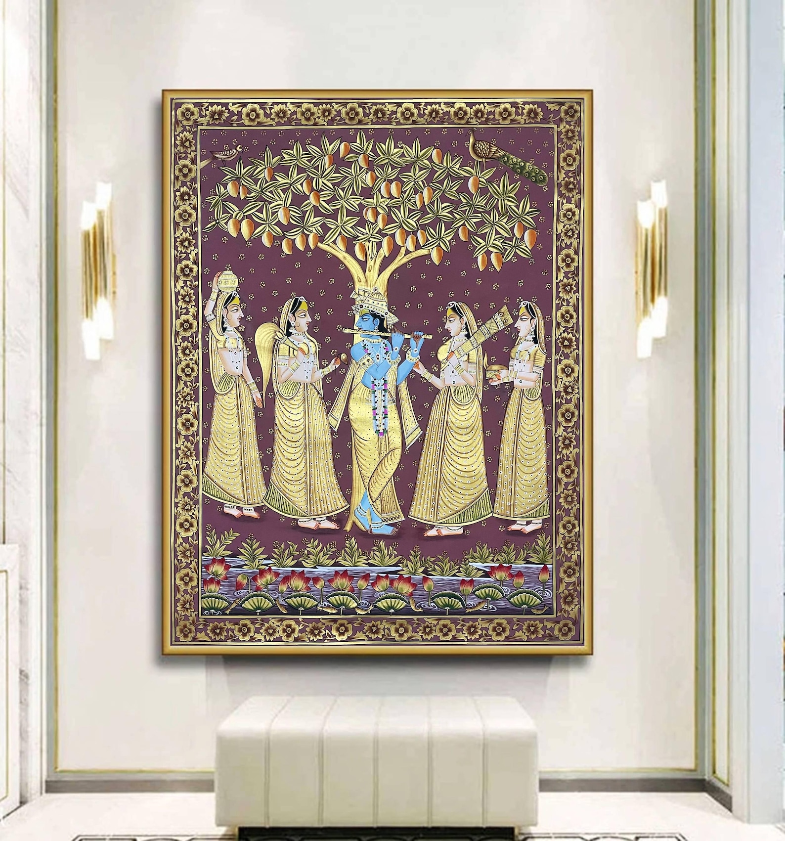 Radha Krishna Golden Detailed Pichwai Handmade Painting on Fabric With ...