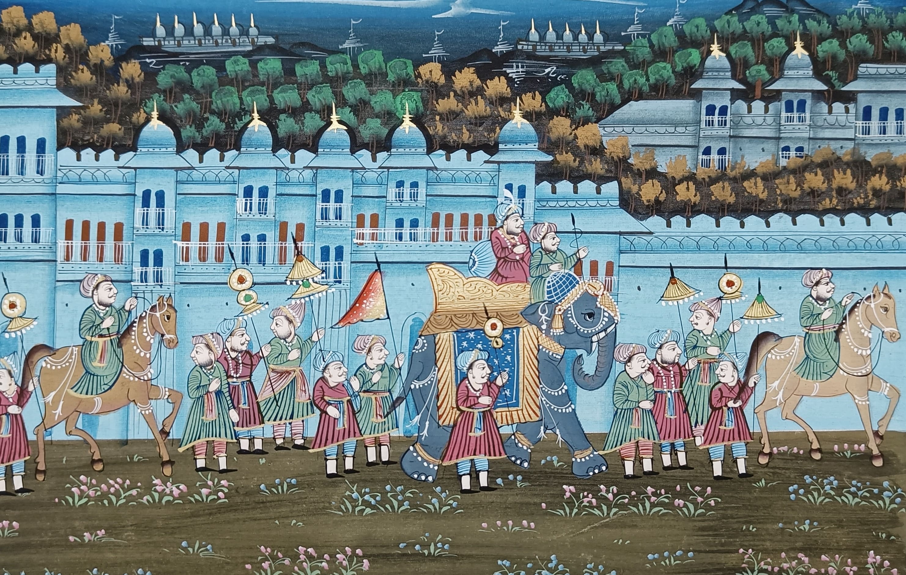 Blue City Royal Procession Art Detailed Handmade Folk Silk - Etsy