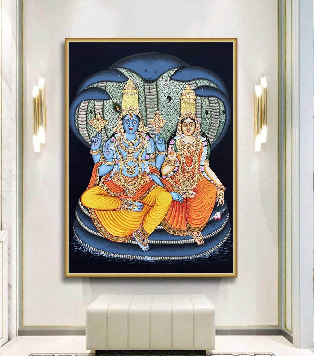 Laxmi Narayan Painting, Detailed Pichwai Handmade Painting on Fabric ...