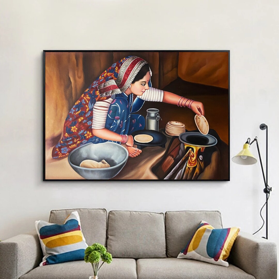 Indian Traditional Painting, Lady Busy in Making Chapaatee on Fire ...