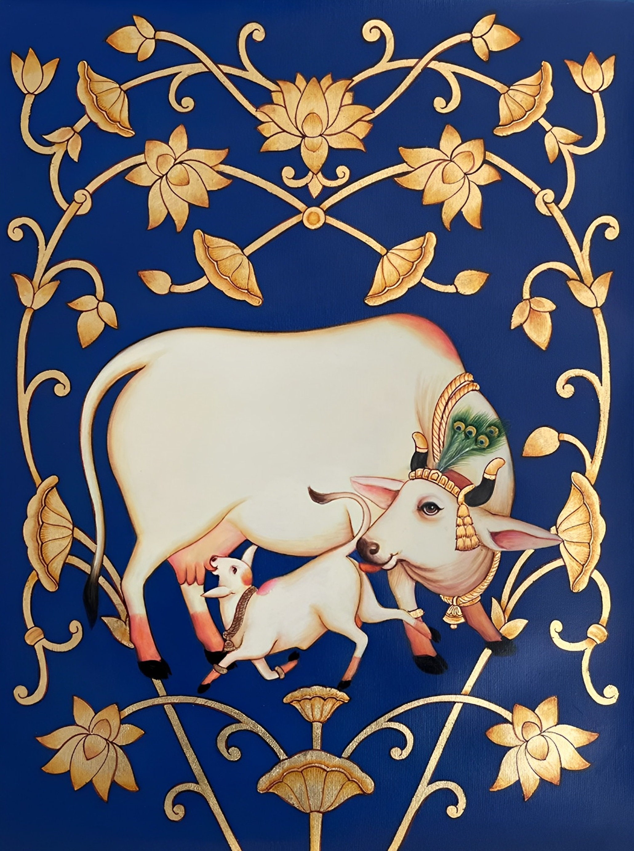 Buy Handmade Pichwai Painting of Cow and Lotus Golden Wall Art Work ...