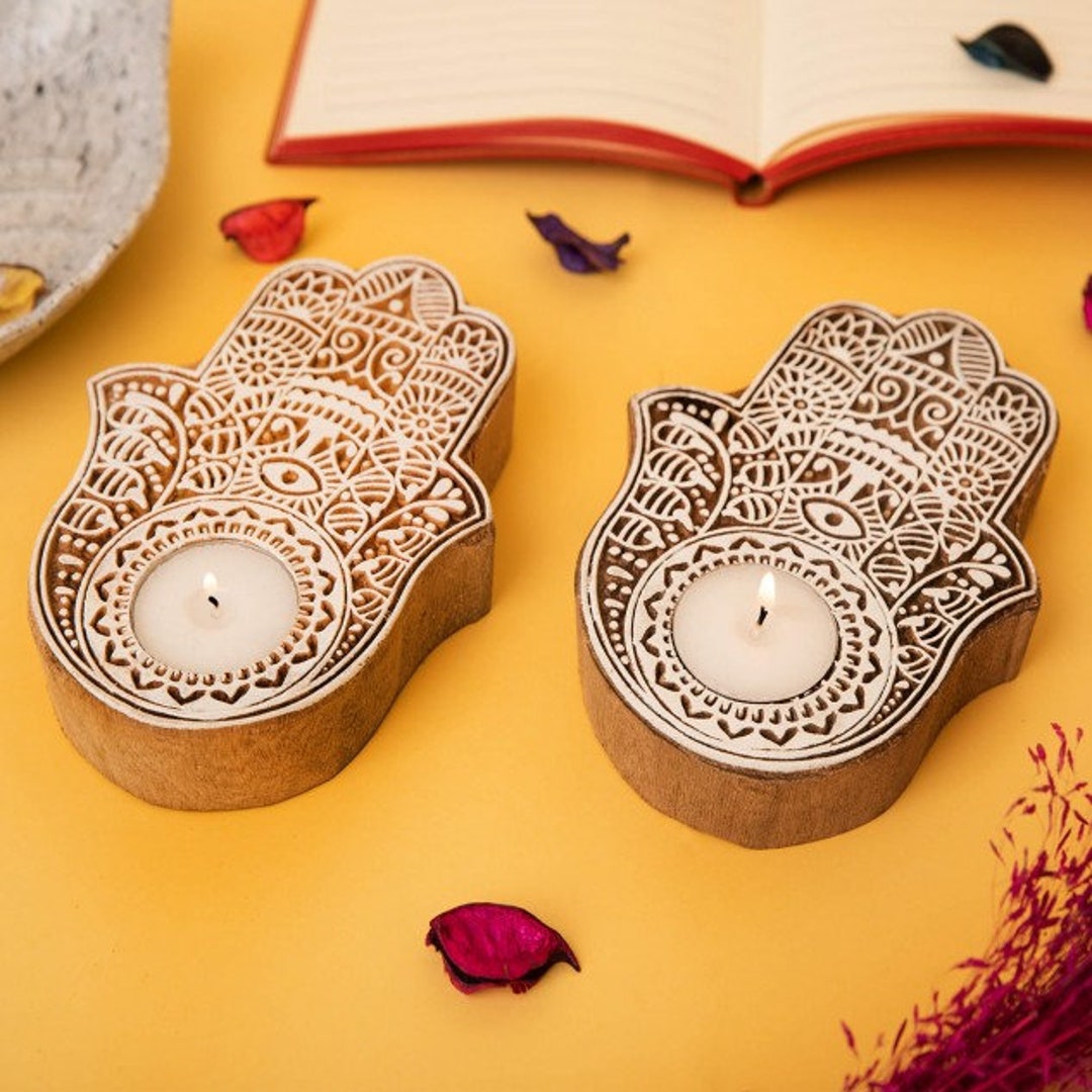 Wooden Hamsa Hand Block Tea Light Holder Mandala Block Festival ...