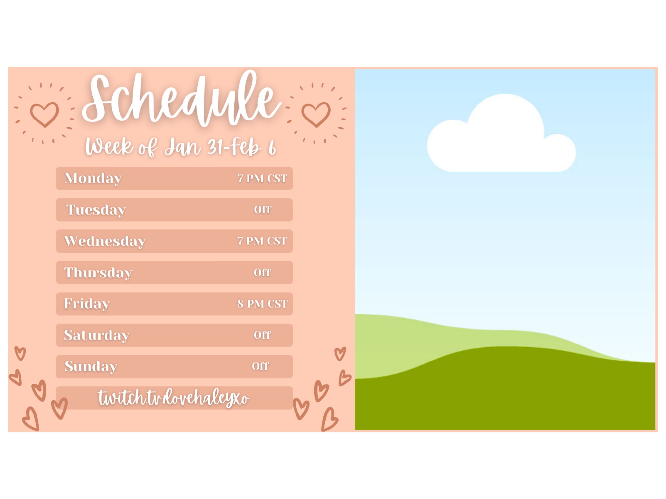 Twitch Schedule Template, Peach Pink Hearts Weekly Stream Schedule ...