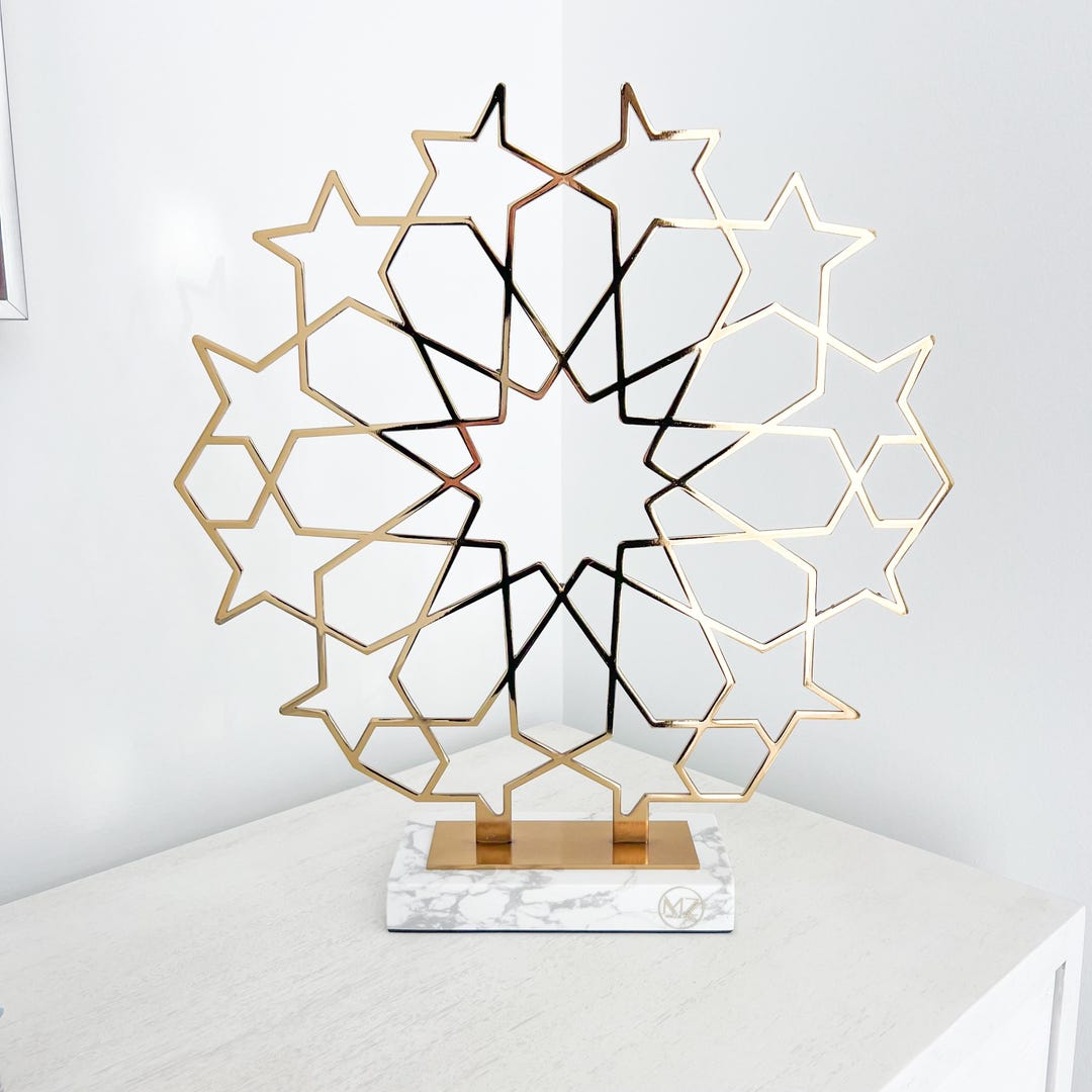 Handmade Gold Metal & Marble Sculpture: Modern Oriental Decor (19.5'' H ...