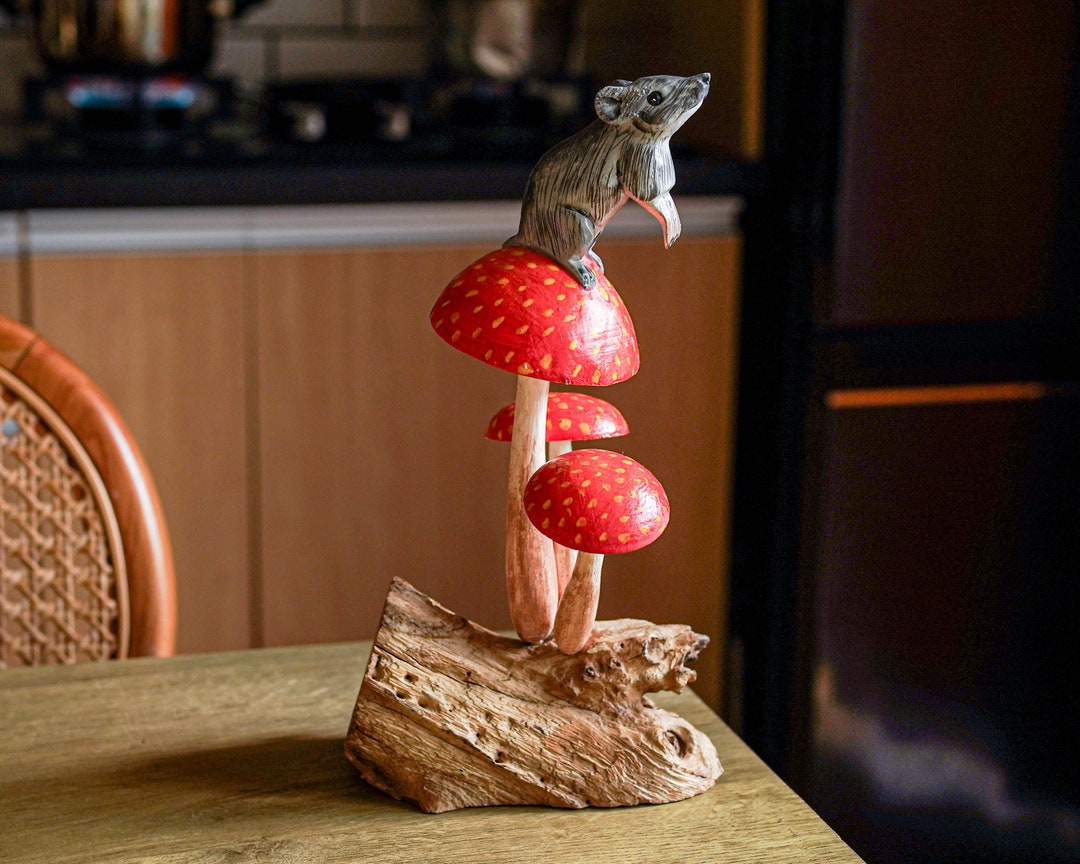 Wooden Mouse on Mushroom 9 Inch / 22 Cm, Mouse Figurine, Mouse Statue ...