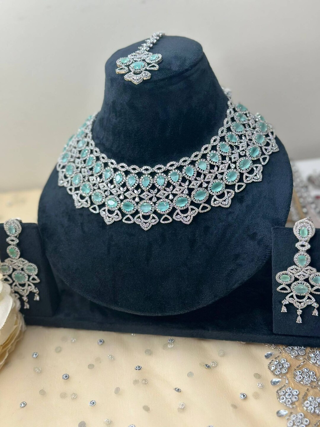 Izhaar Surf Color American Diamond Necklace With Earrings Tikka ...