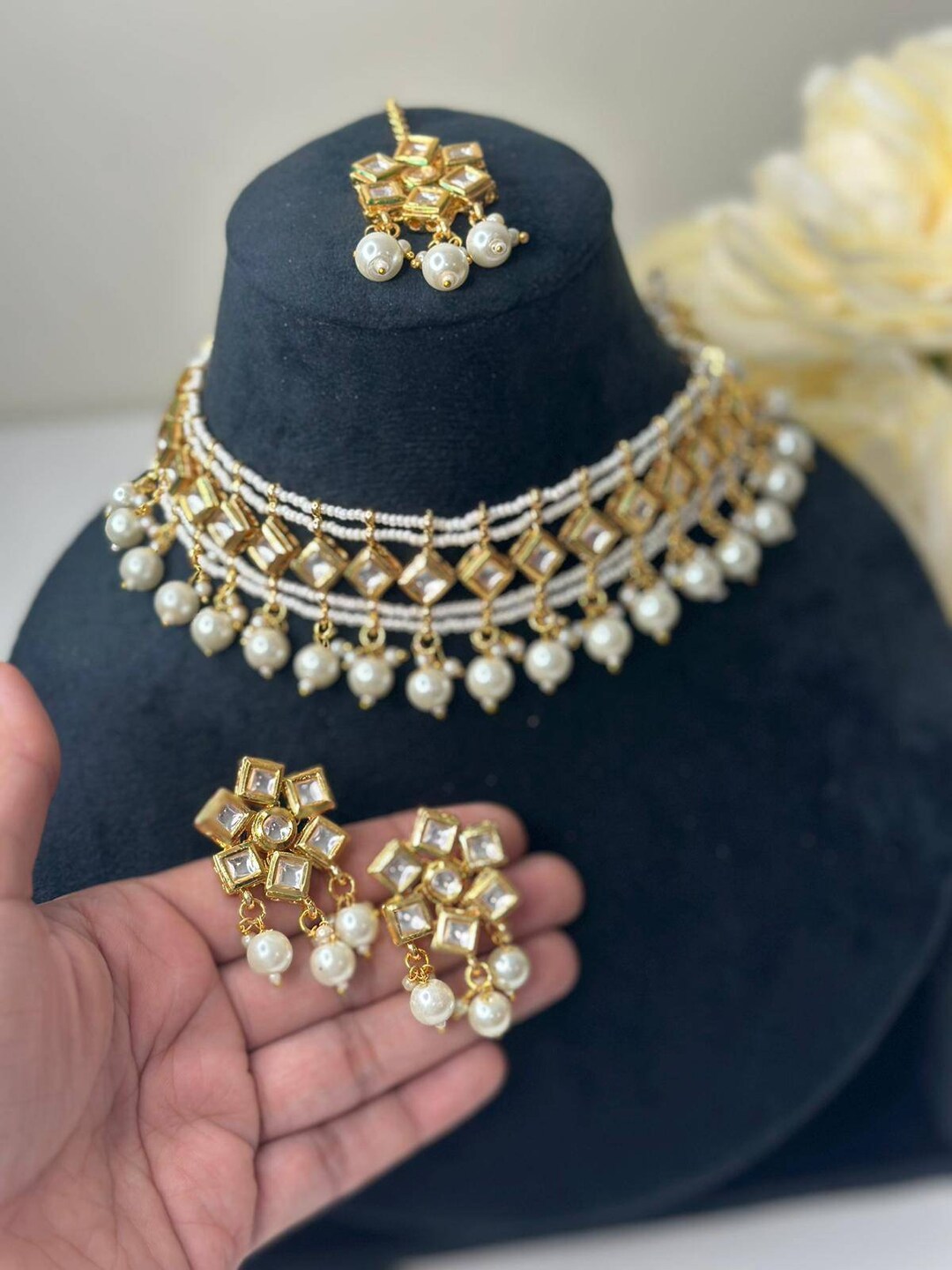 Izhaar Indian White Color Polki Kundan Necklace With Earrings Tikka ...
