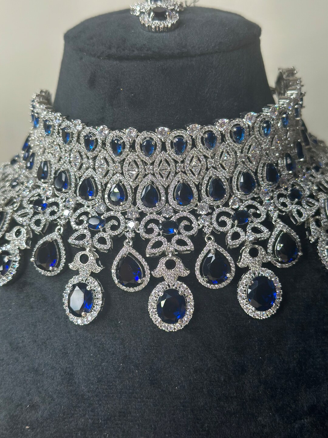 American Diamond AD Premium Silver Blue Necklace Set / Silver Blue ...