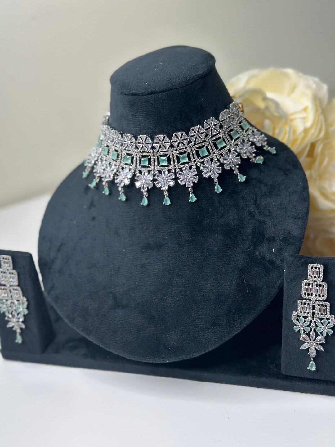 American Diamond Silver Mint Necklace With Earrings/ Pakistani - Etsy