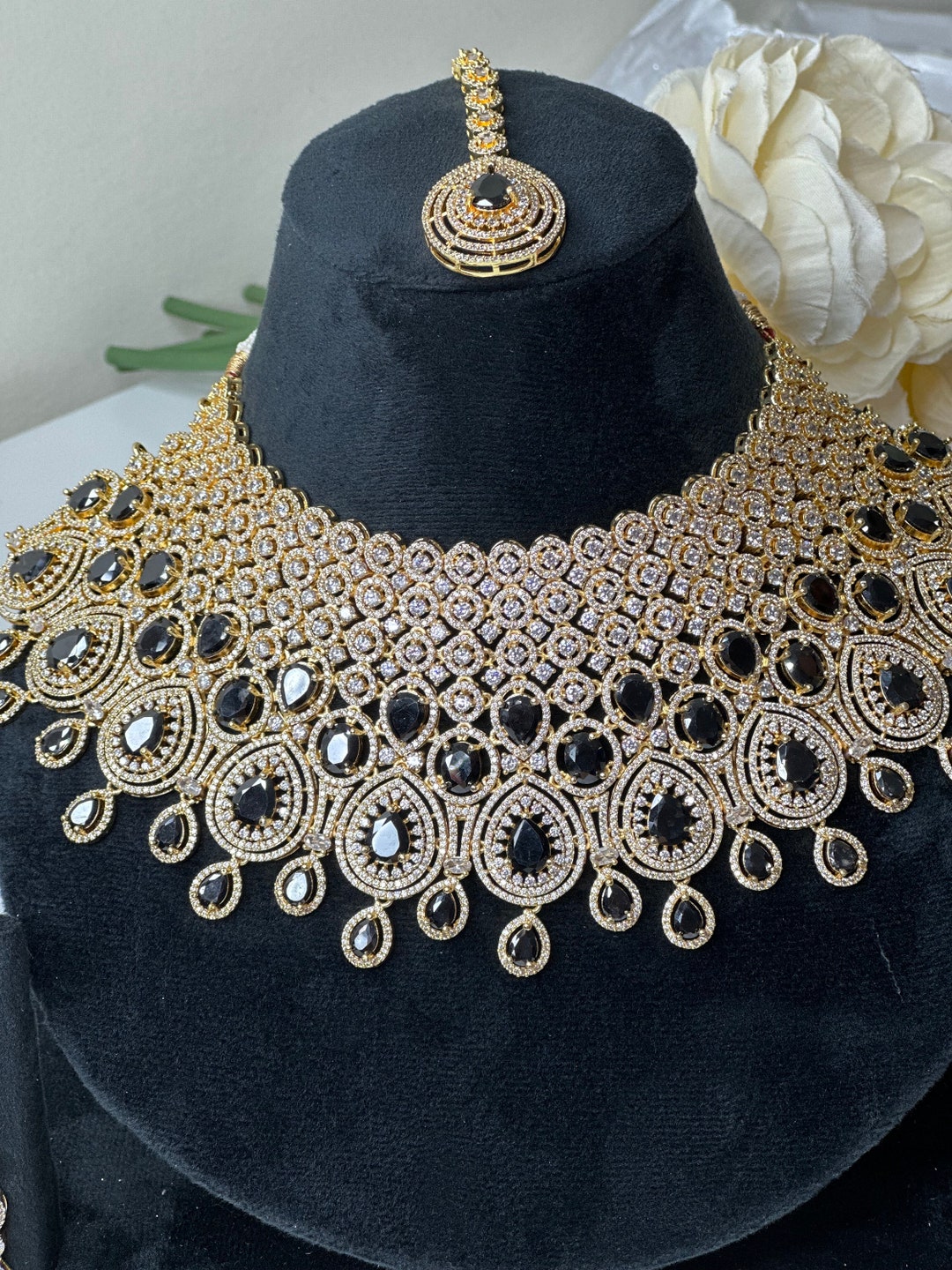 American Diamond Gold Black Necklace With Earrings and Tikka ...