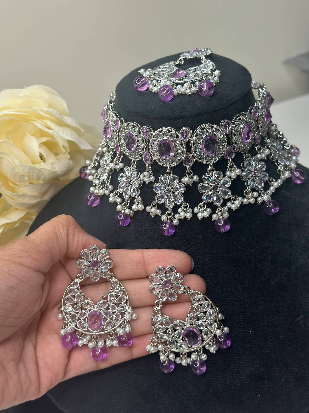 Izhaar Indian Purple Color Polki Reverse AD Necklace With Earrings Tikka/ Wedding Jewelry ...