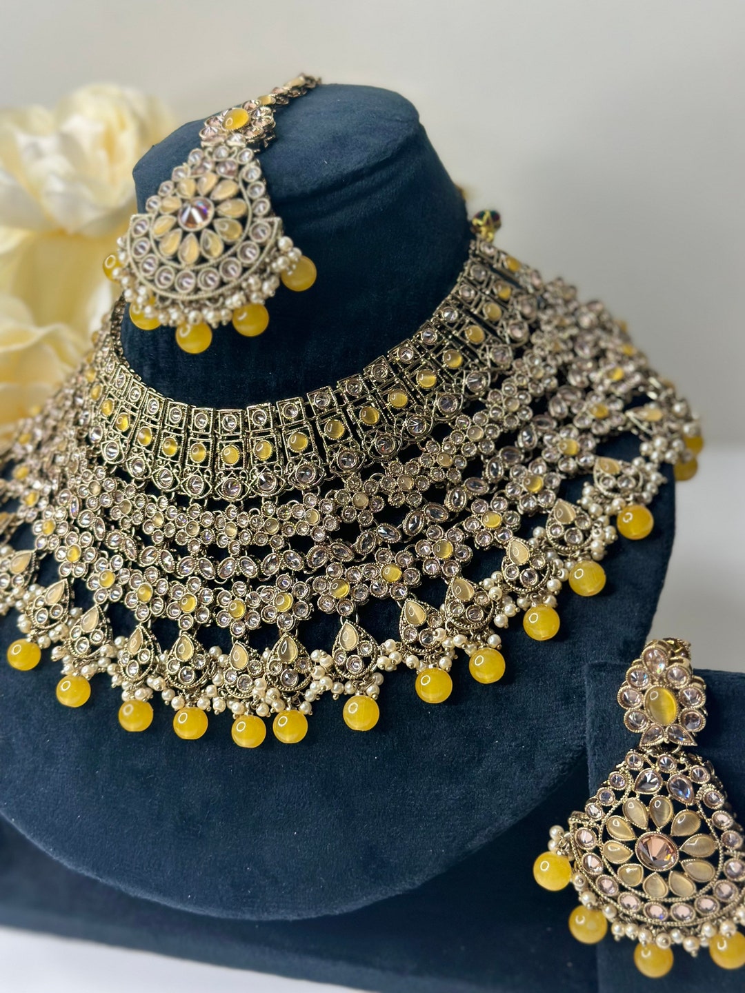Izhaar Indian Polki Reverse AD Gold Yellow Necklace With - Etsy