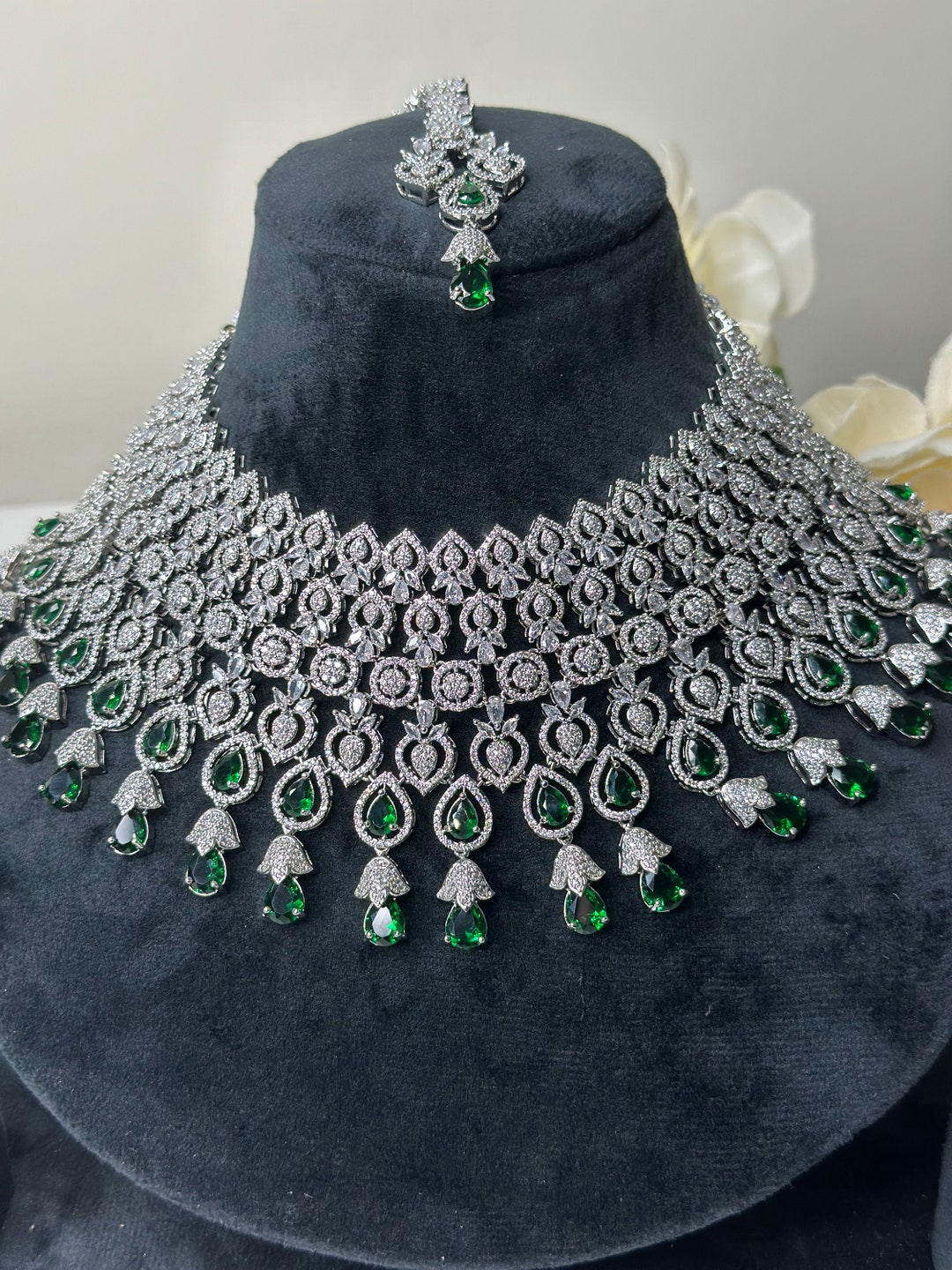 American Diamond AD Premium Bridal Set / Silver Bridal Necklace Earring ...