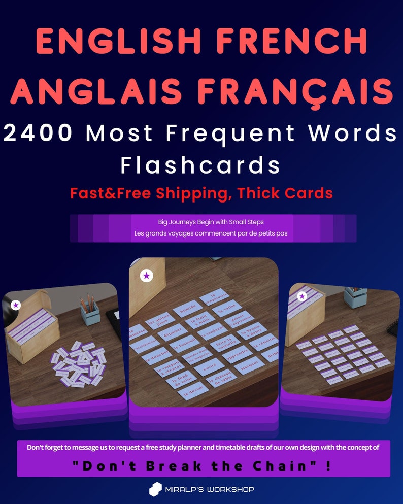 English - French 2400 Most Common Words Flashcards - Etsy