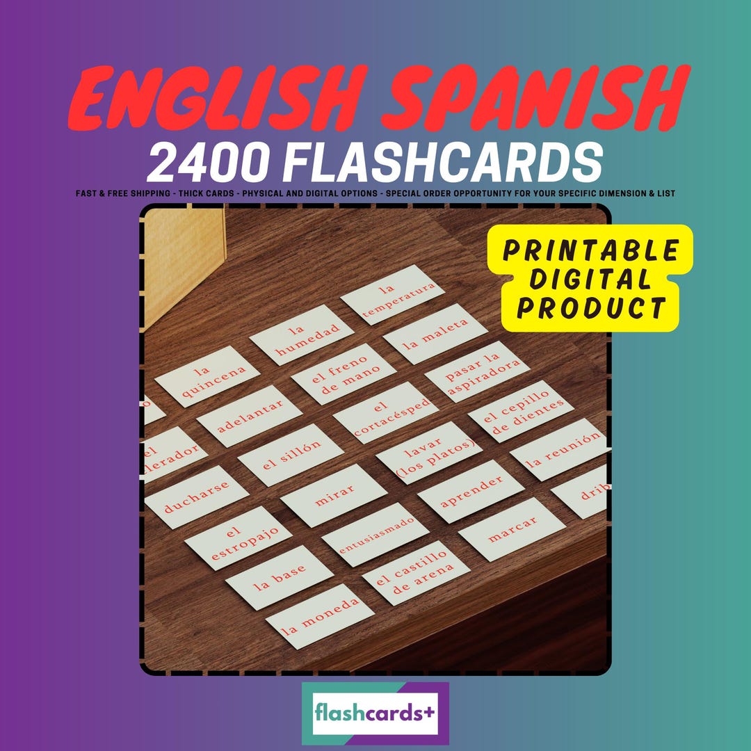English - Spanish Printable 2400 Most Common Words Flashcards / Digital ...