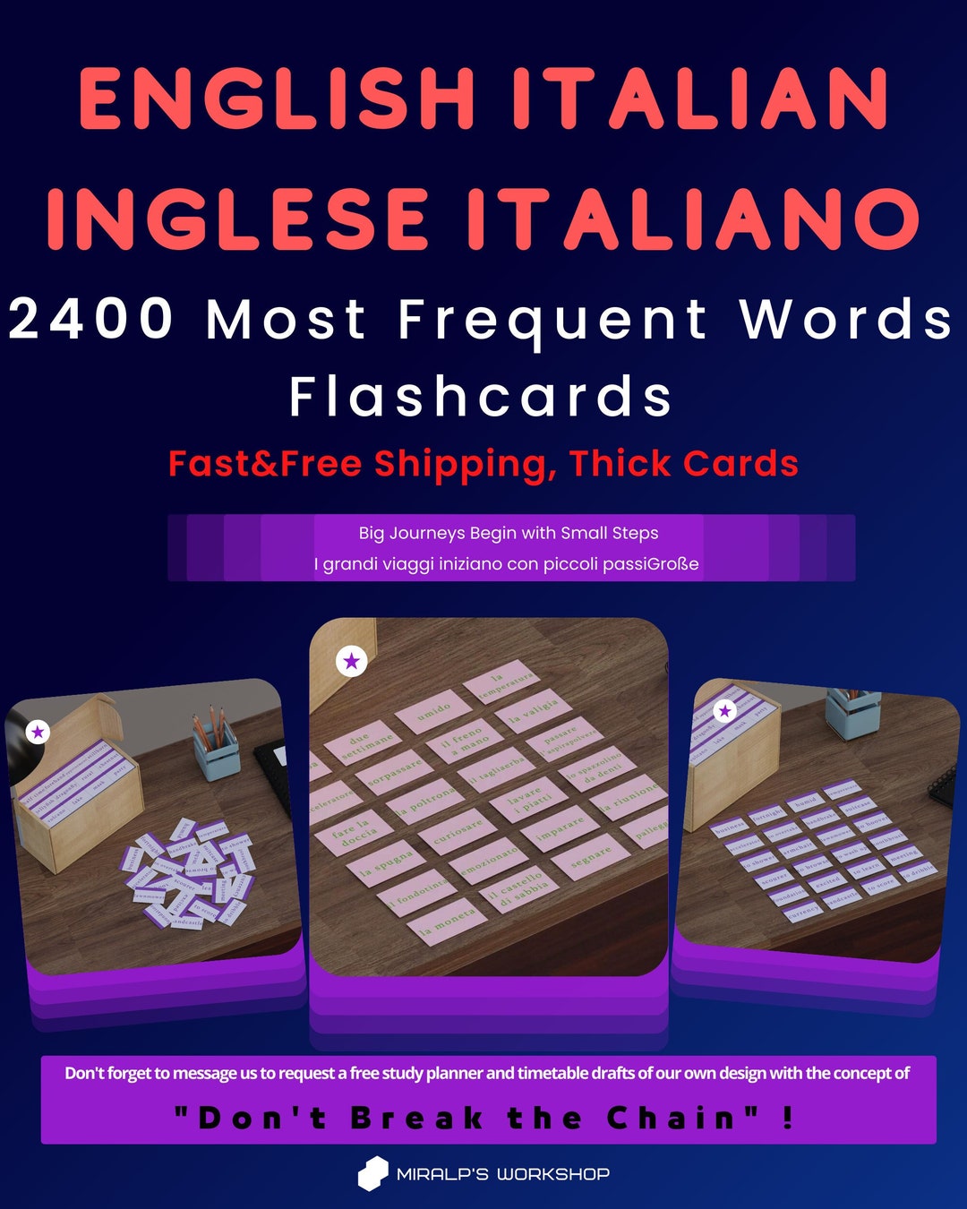 English - Italian 2400 Most Common Words Flashcards - Etsy