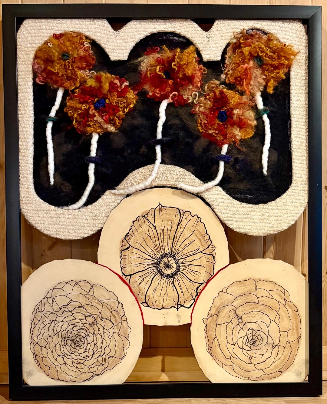 Wet Felted Red and Orange Curly Wool Flower Felt Art Mounted on Top of ...