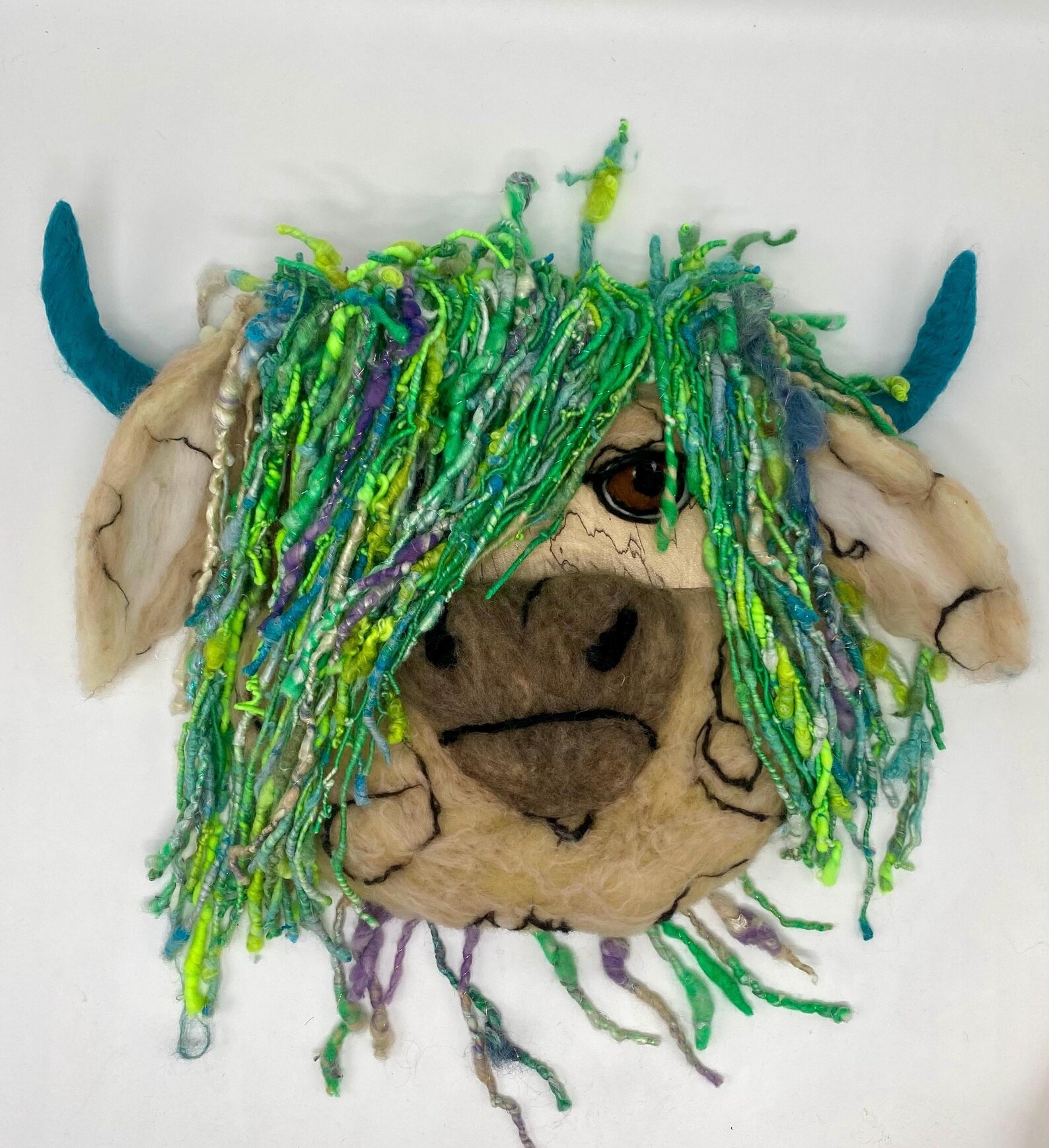 Highland Cow Sculpture, Needle Felted Animal Head, Colorful Hairy Coo ...