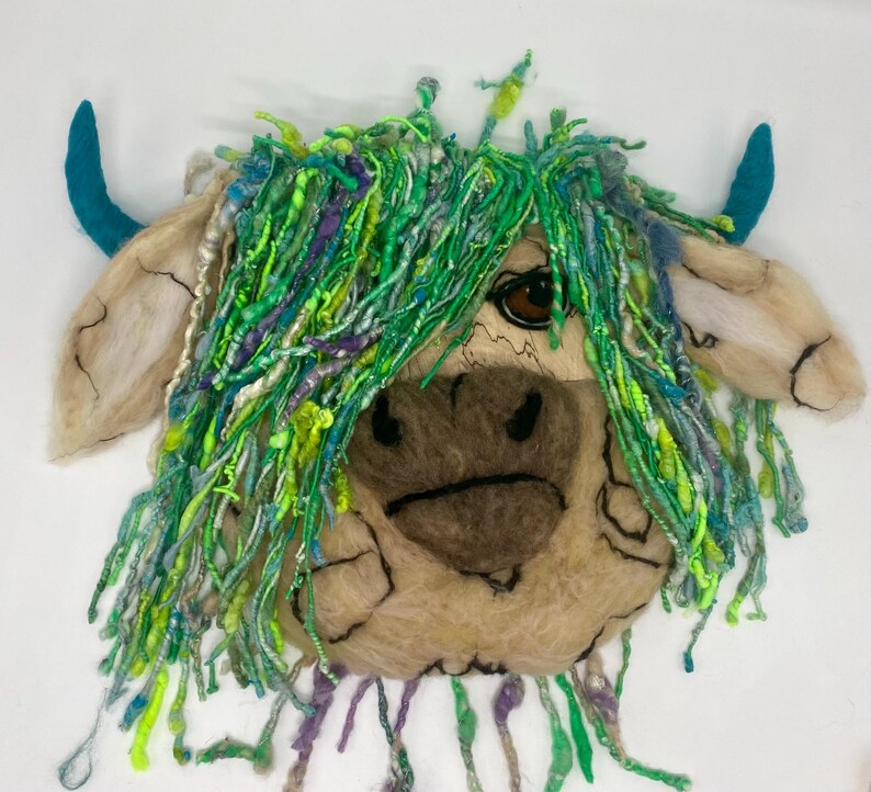 Highland Cow Sculpture, Needle Felted Animal Head, Colorful Hairy Coo ...