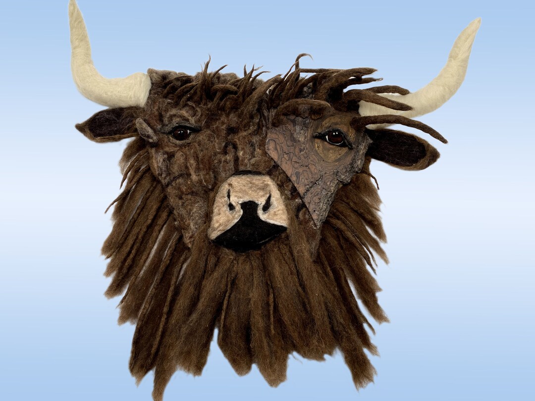 Buffalo Sculpture, Felt and Walnut Wall Sculpture, Faux Animal ...