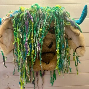 Highland Cow Sculpture, Needle Felted Animal Head, Colorful Hairy Coo ...