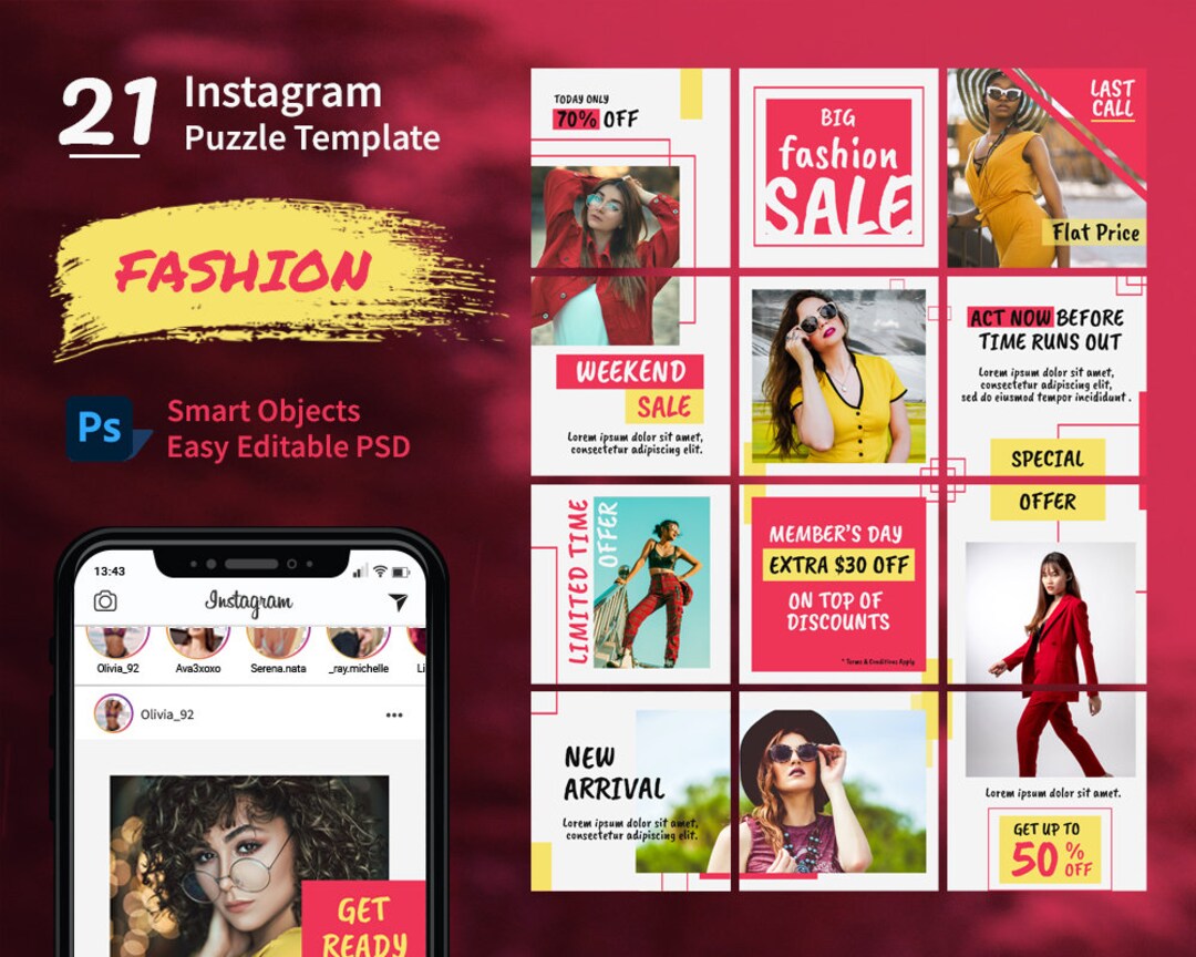 Pastel Color Instagram Post Template - Puzzle Feed, 21 Posts, Modern ...