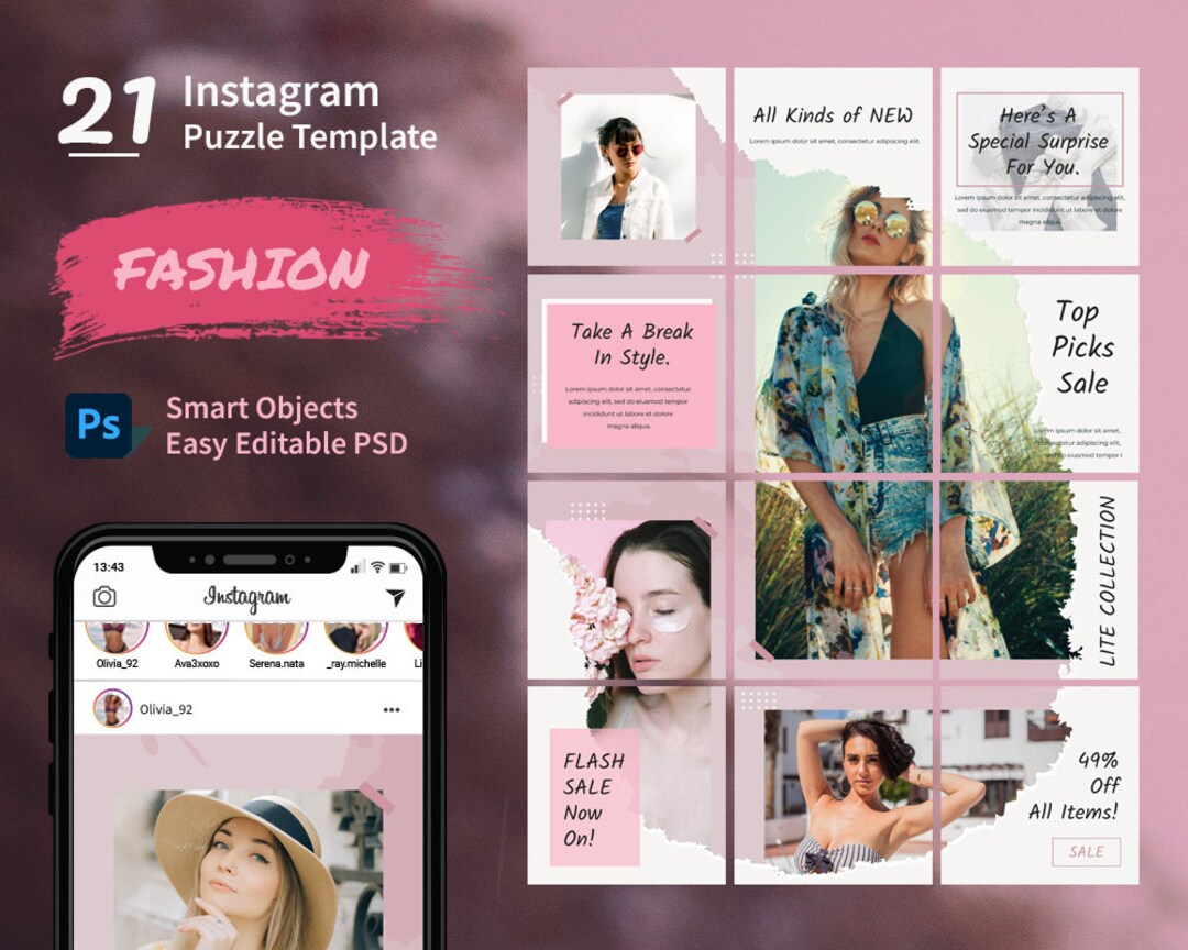 Pastel Color Instagram Post Template - Puzzle Feed, 21 Posts, Modern ...