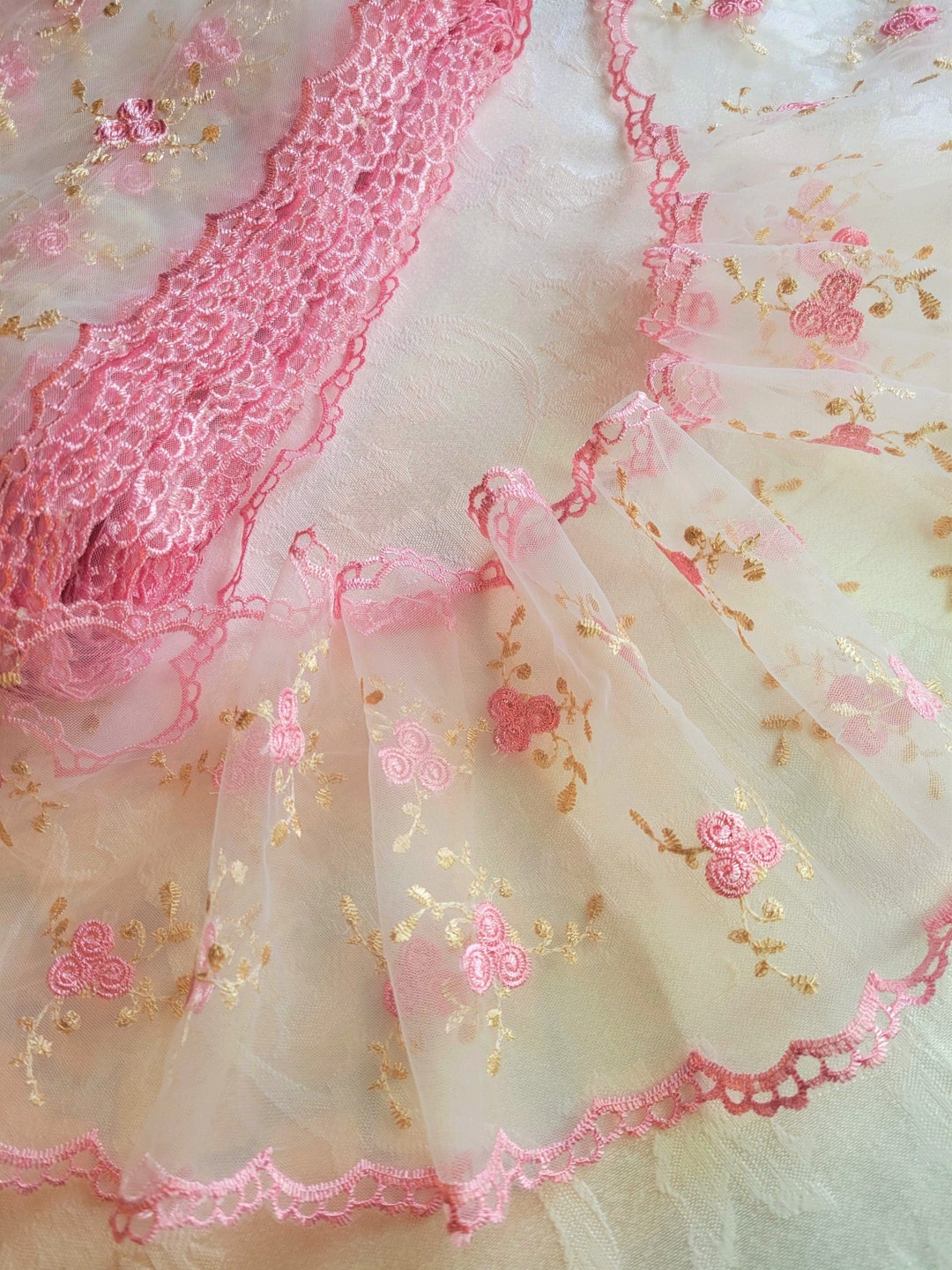 Pink Floral Trim 5.45 per Yard. 6.5 Wide Soft Net With Pink Embroidered ...