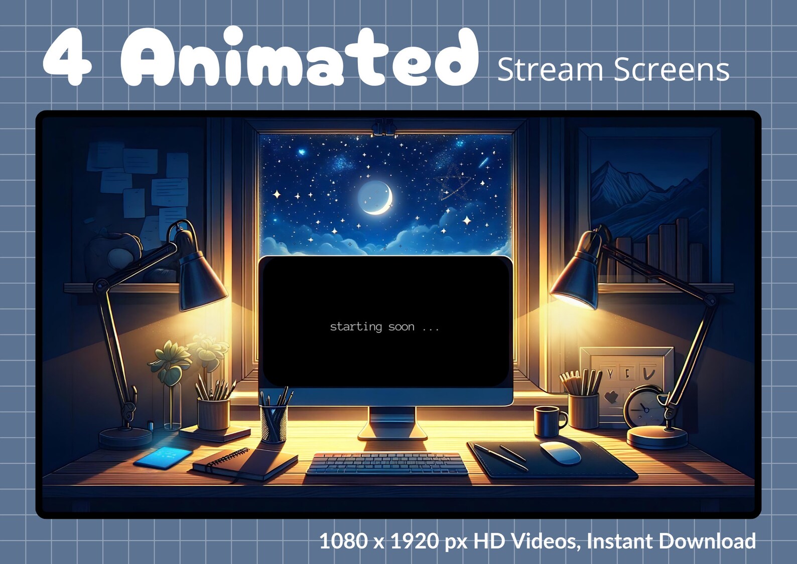 4 Animated Twitch Screens Night Stream Screens Twitch Overlay Lofi ...