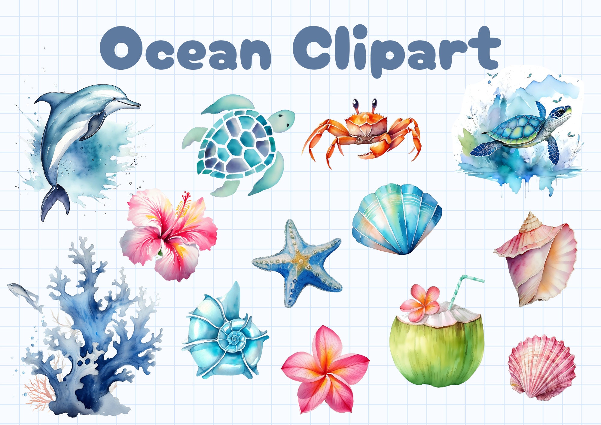 Ocean Clipart Blue Watercolor Ocean Graphics Cute Sea Animal PNG Bundle ...