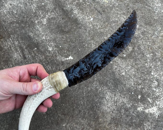 Translucent Black Obsidian Stone Knife With Antler Handle and Real ...