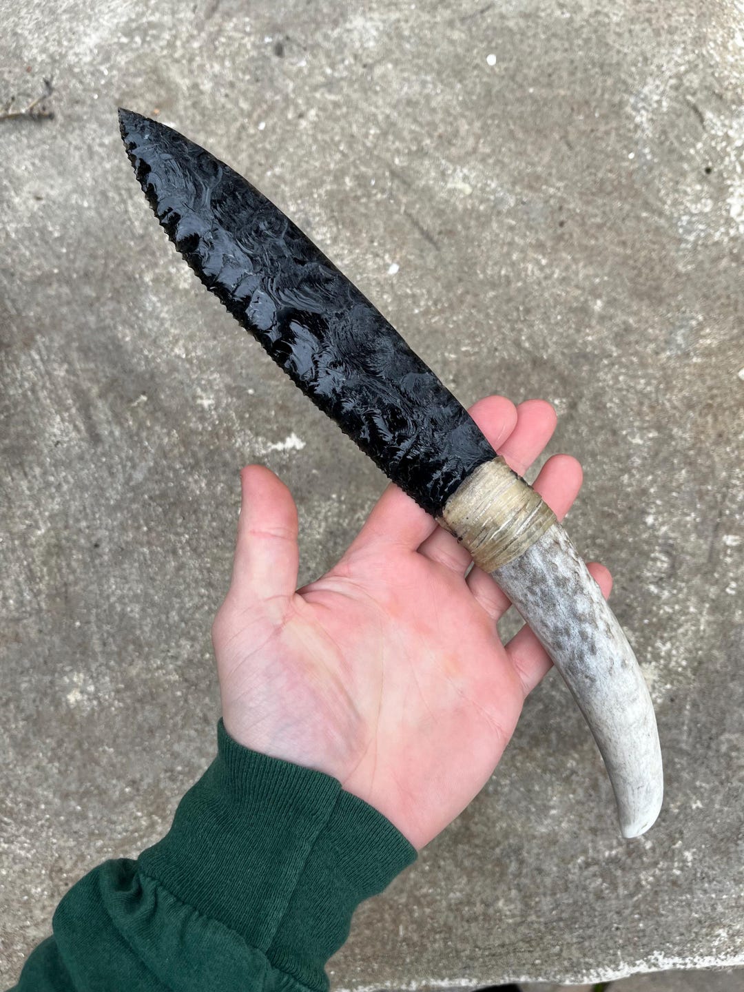 Black Obsidian Stone Knife With Elk Antler Handle and Real Deer Sinew ...