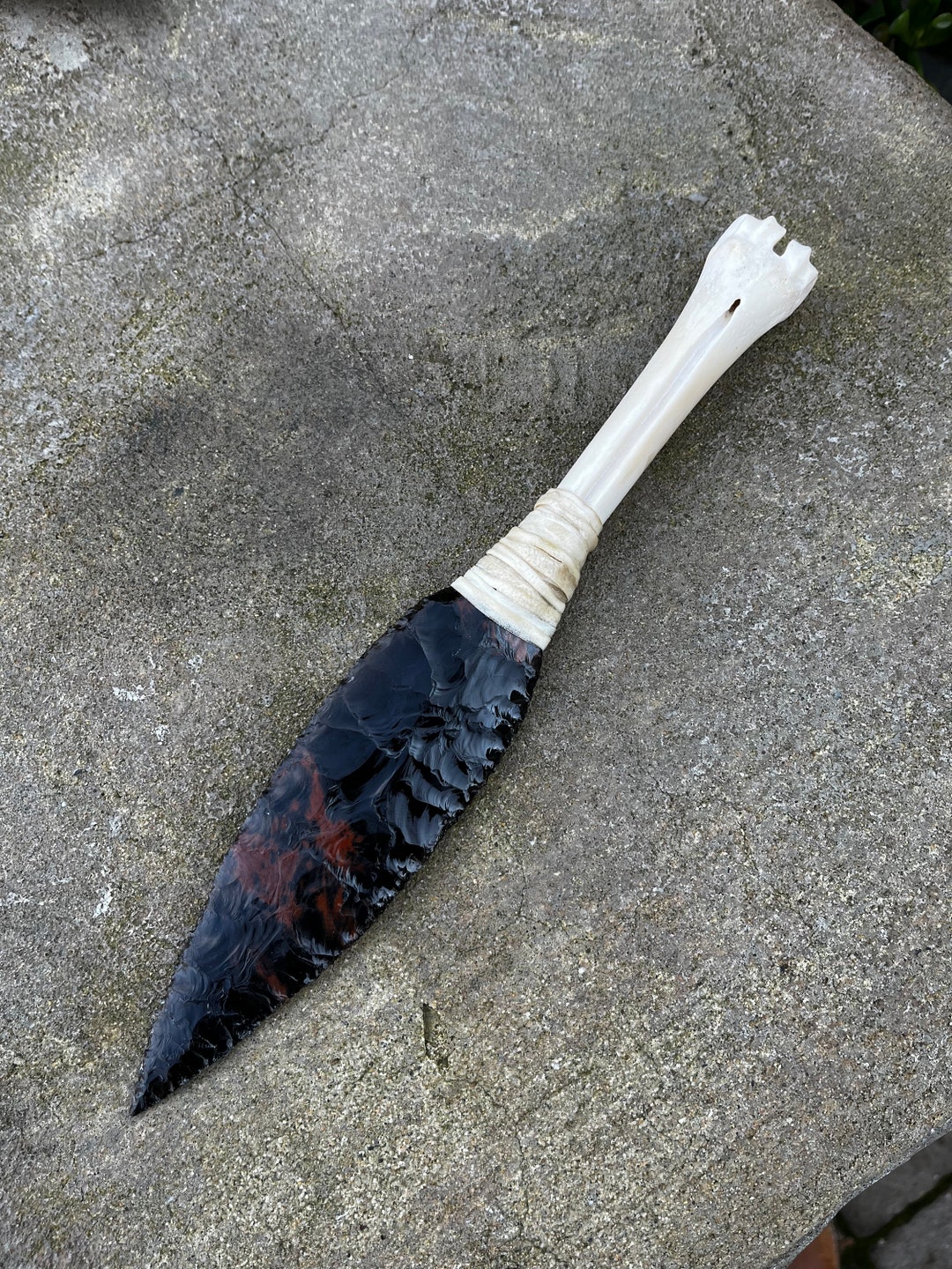 Tri-flow Obsidian Stone Dagger With Deer Leg Bone Handle and Rawhide ...