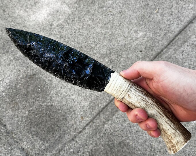 Black Obsidian Knife With Antler Handle and Rawhide Wrap - Etsy