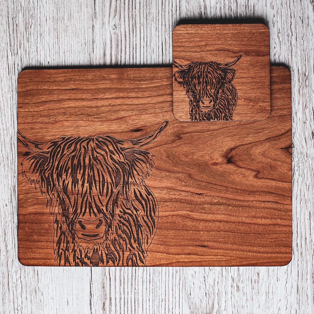 Wooden Highland Cow Coaster and Placemat Sets | Eco Cherry Wood ...