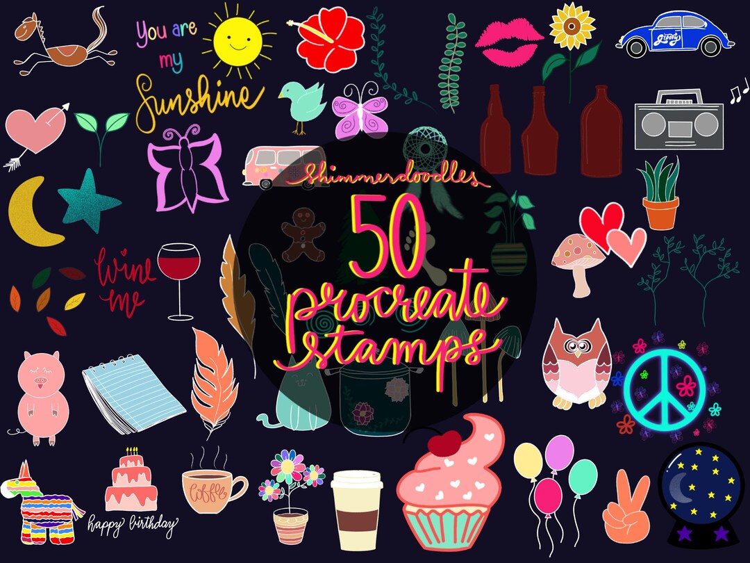 50 Assorted Procreate Stamps for Digital Journaling, Sticker Making ...