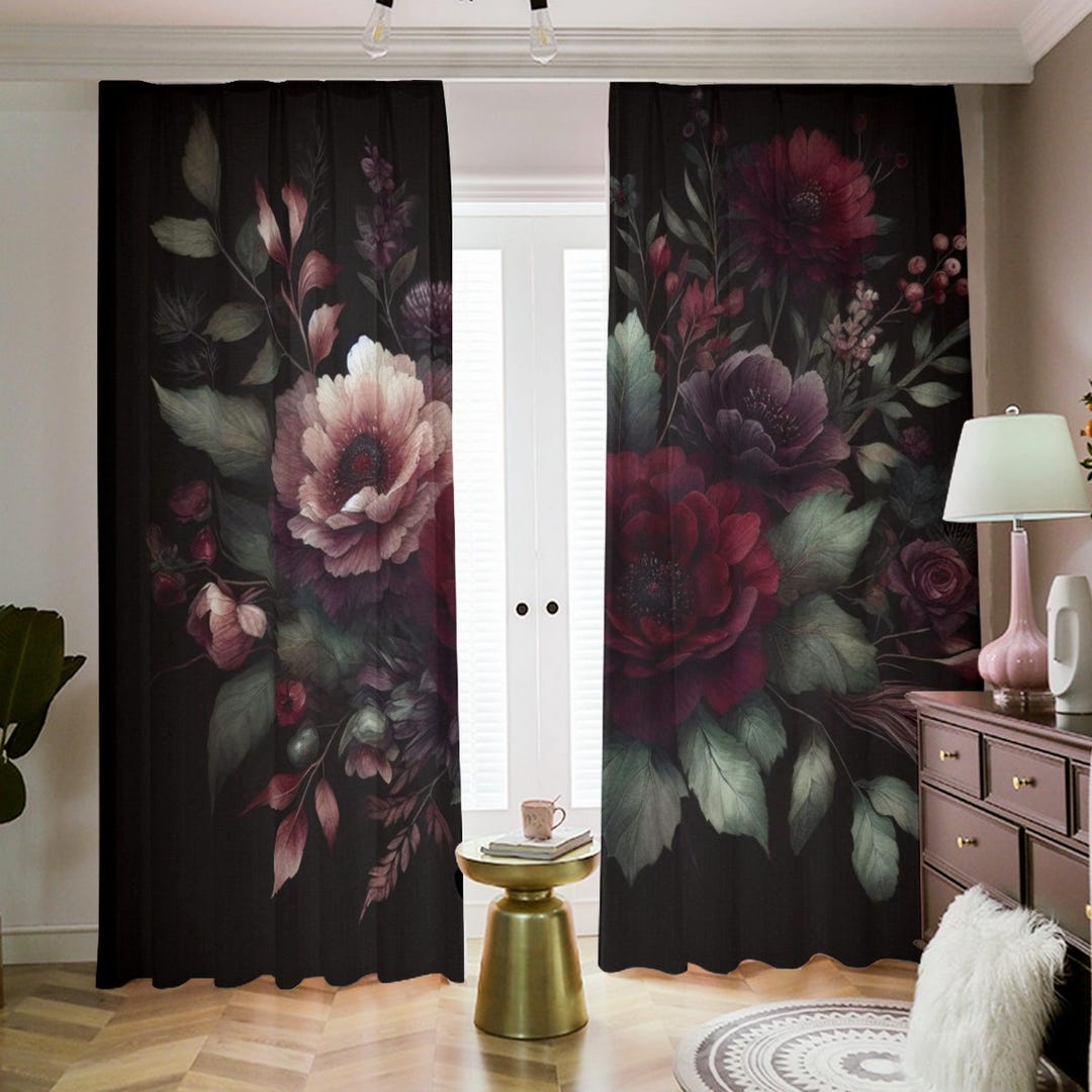Dark Academia Wildflower Curtains, Blackout Curtains, Dark Cottagecore ...