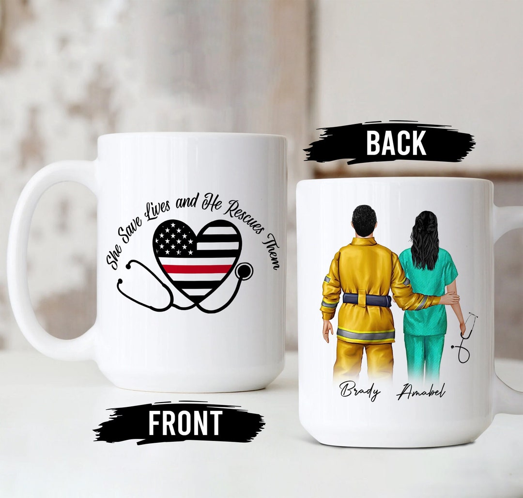 Firefighter and Nurse Couple Thin Red Line Personalized Coffee Mug ...