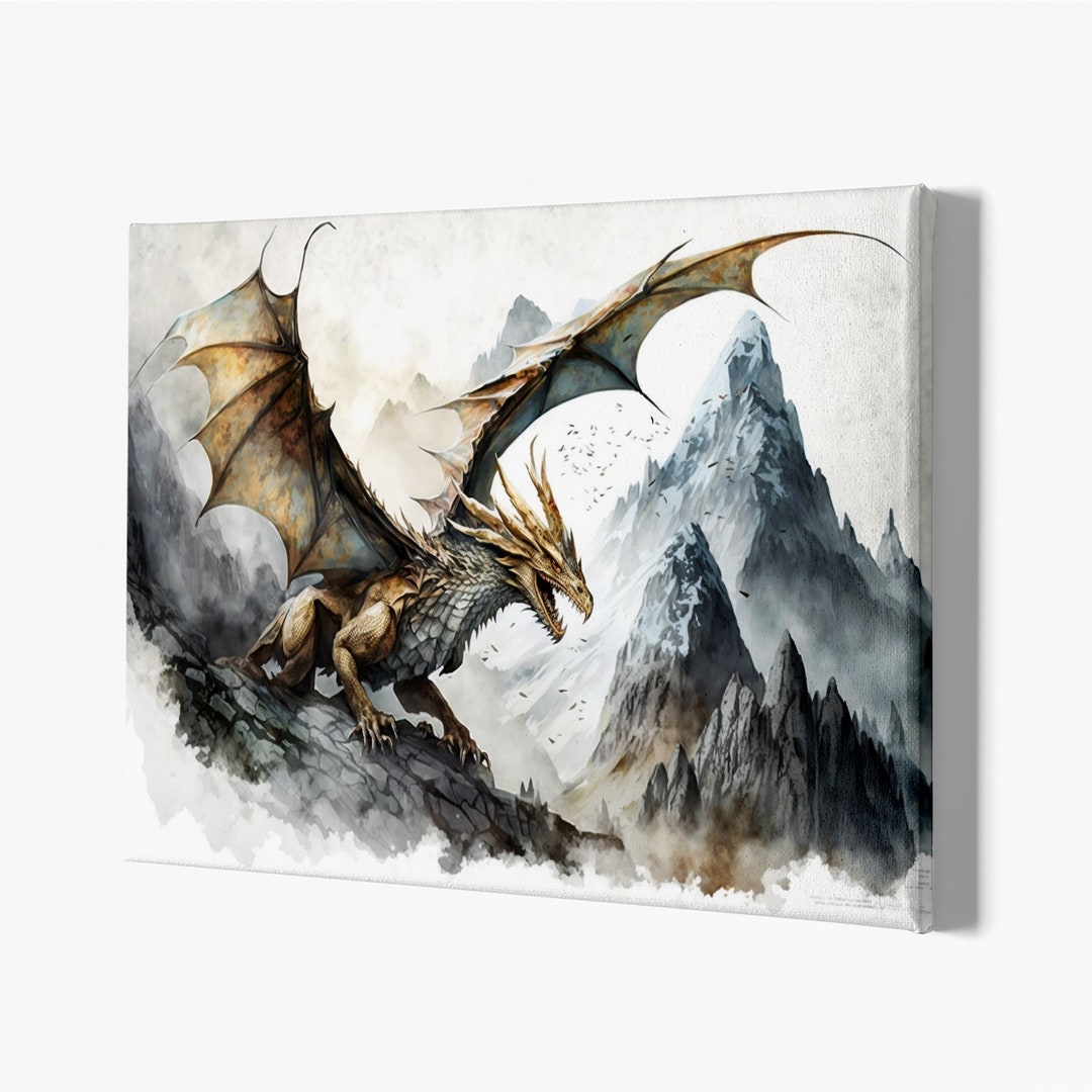 Fantasy Art, Dragon Flying Over Mountain Wall Art, Medieval Fantasy ...