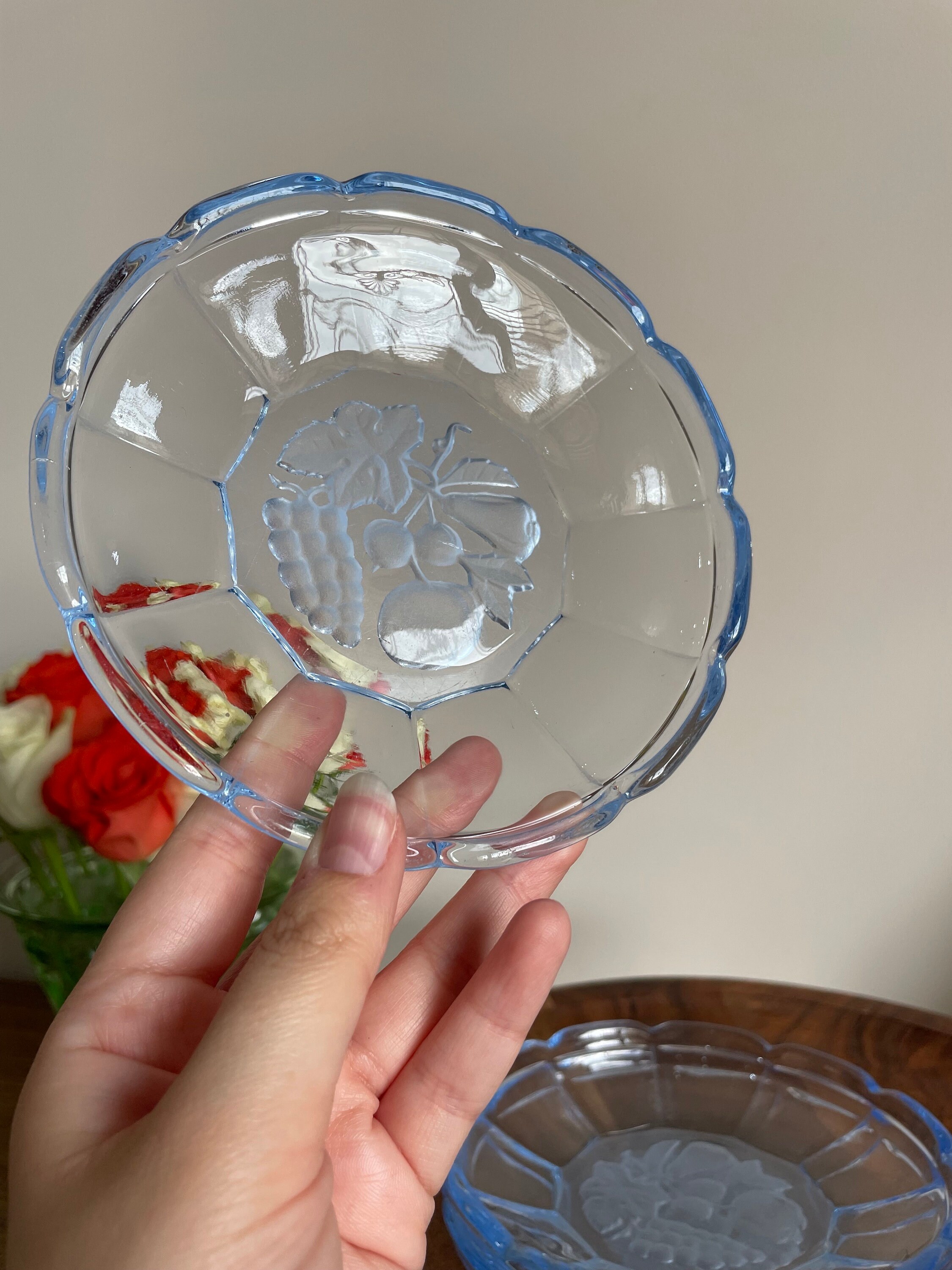 Vintage Blue Depression Glass Plates With Fruit Design - Etsy