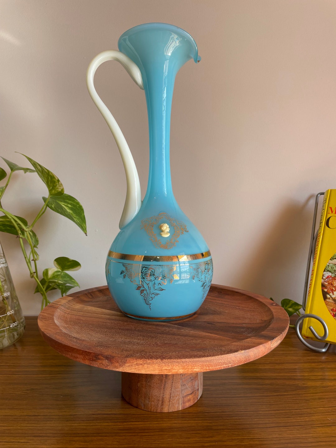 Vintage Retro Bohemia Art Glass Pitcher Vase Blue - Etsy