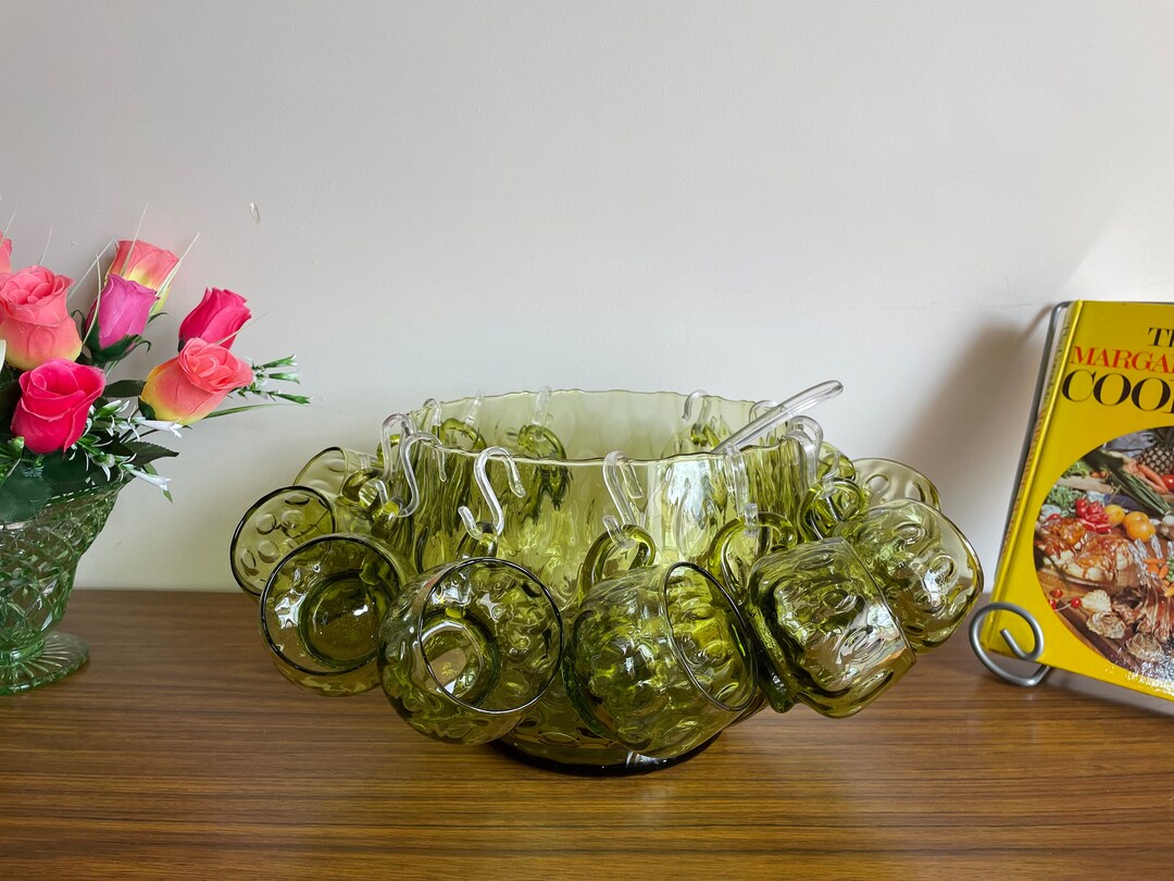 MCM Empoli Italy Green Glass Punch Bowl Set - Etsy