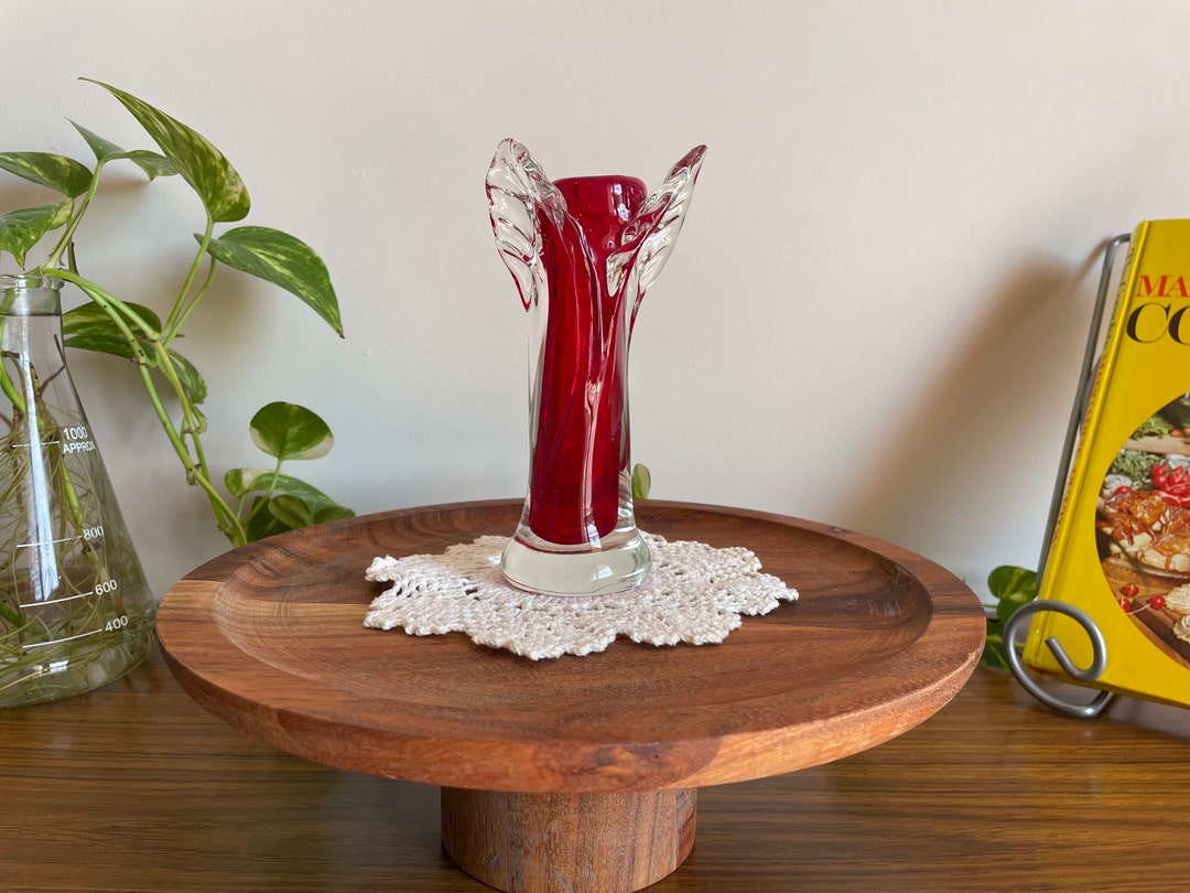 Vintage MCM Ruby Red Vase With Clear Leaves/wings - Etsy