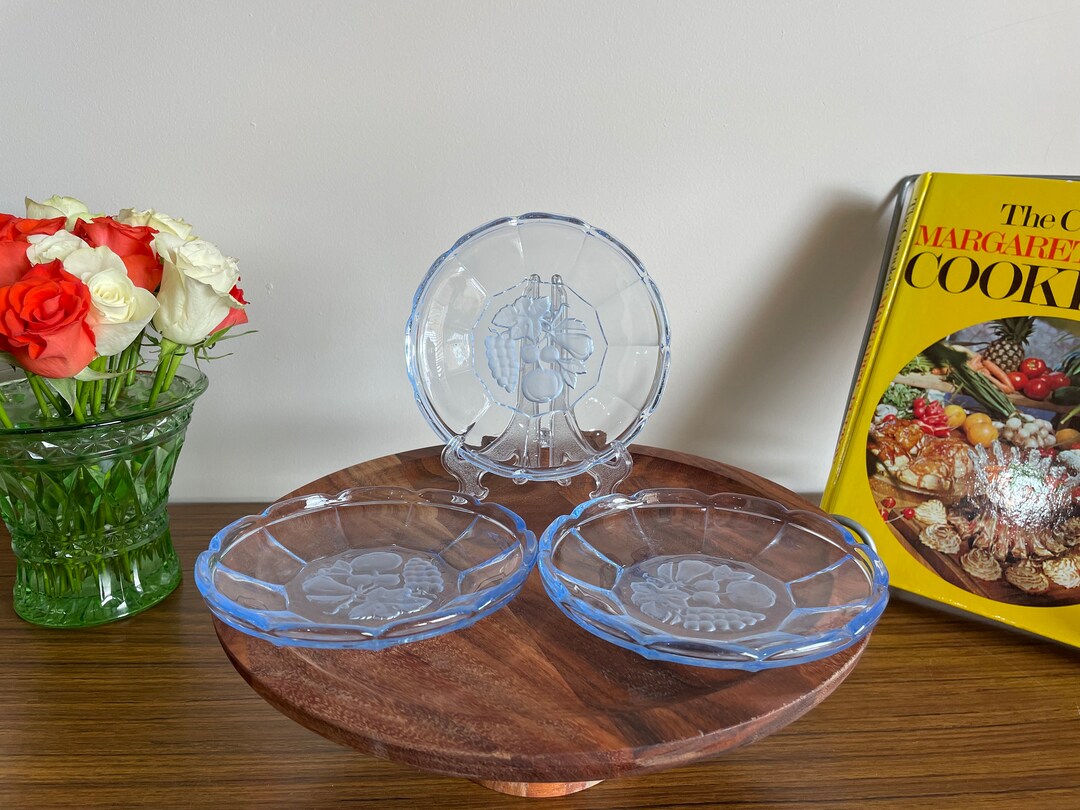 Vintage Blue Depression Glass Plates With Fruit Design - Etsy