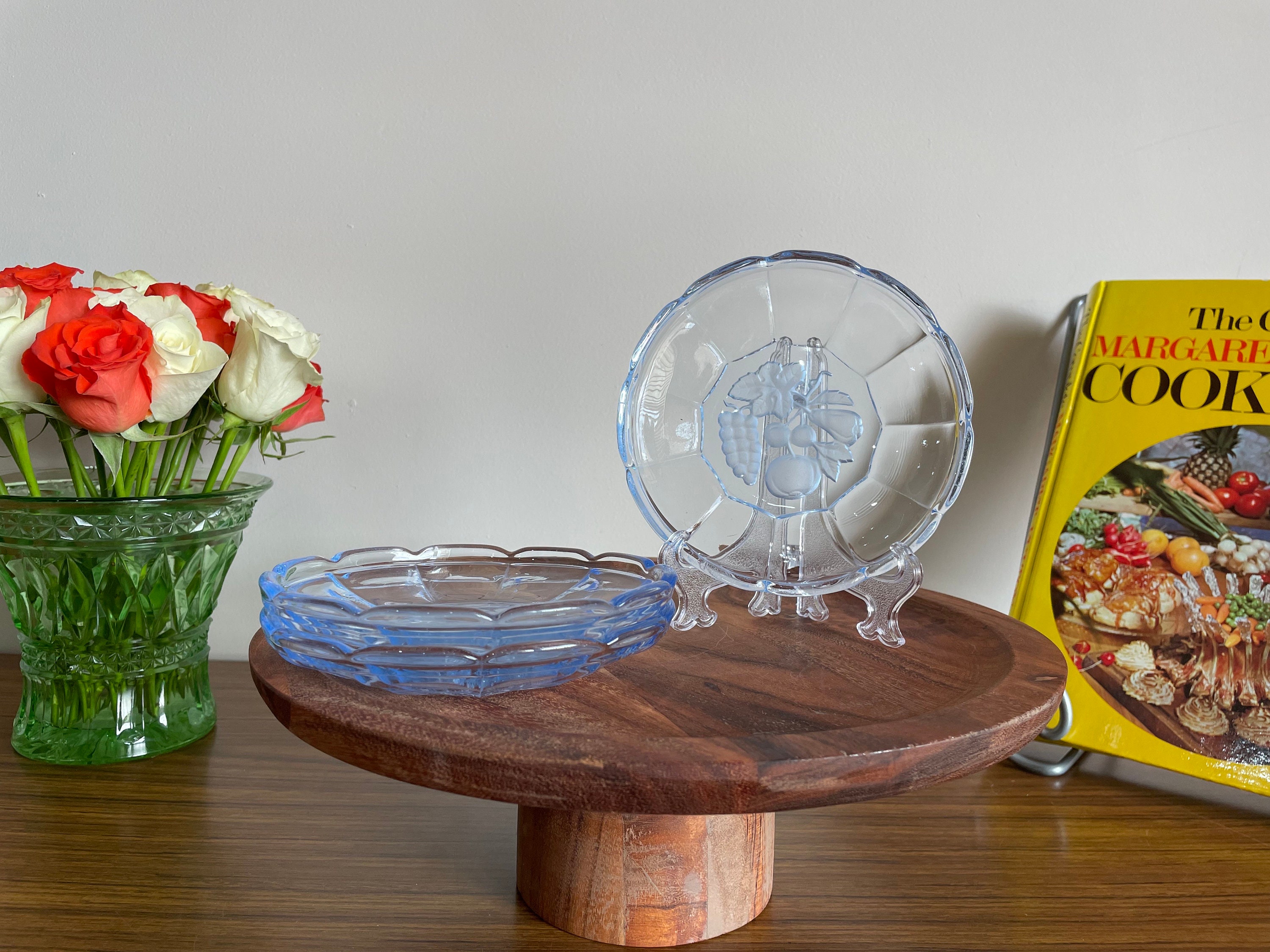 Vintage Blue Depression Glass Plates With Fruit Design - Etsy