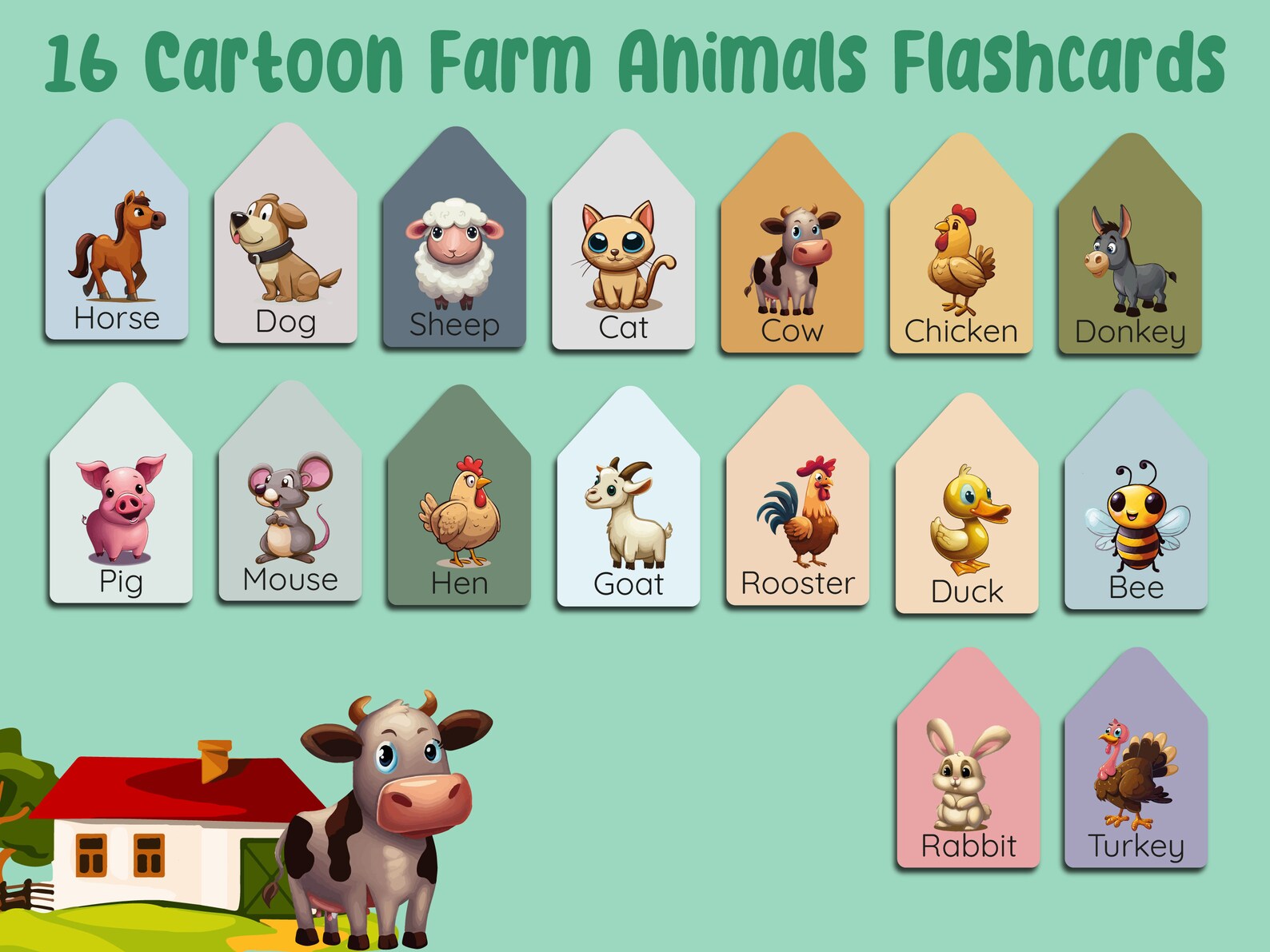 Farm Animals Flashcards, Cartoon Farm Animals Flashcards, Illustrations ...