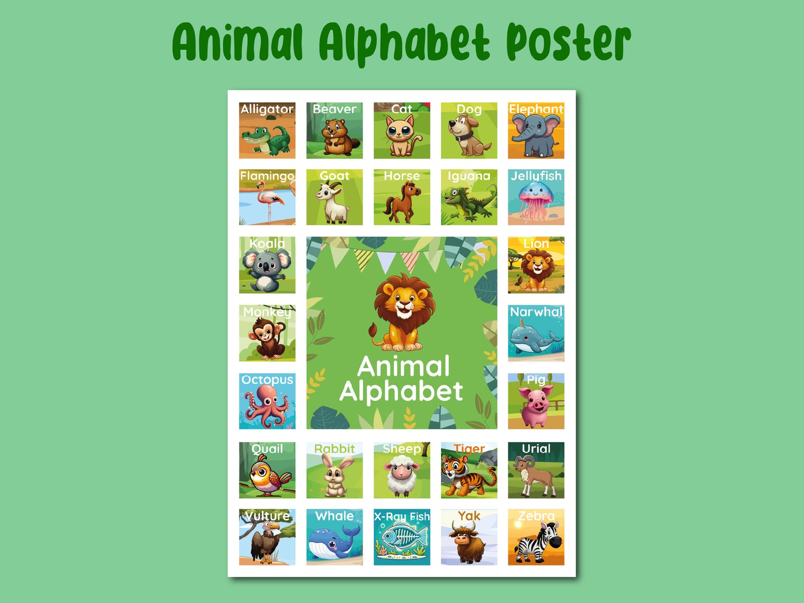 Animal Alphabet Poster, Educational Animal Alphabet Poster for Kids ...