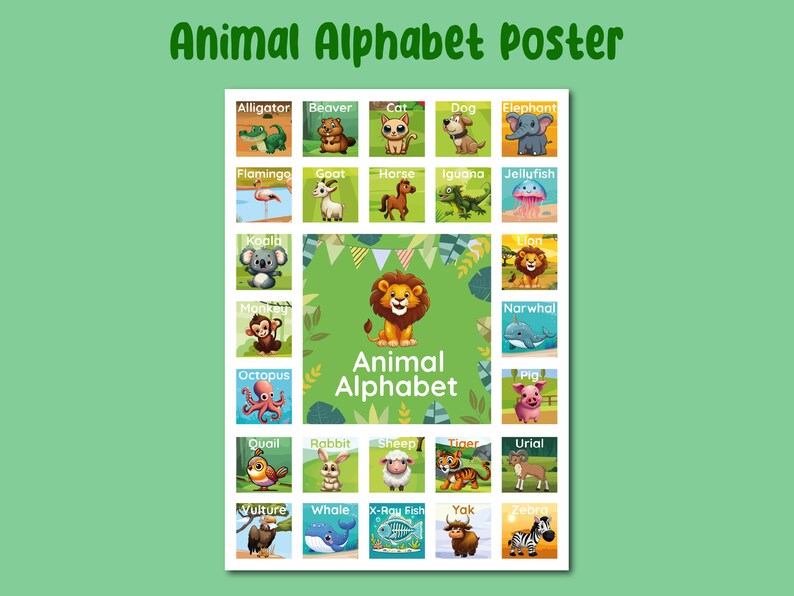 Animal Alphabet Poster, Educational Animal Alphabet Poster for Kids ...