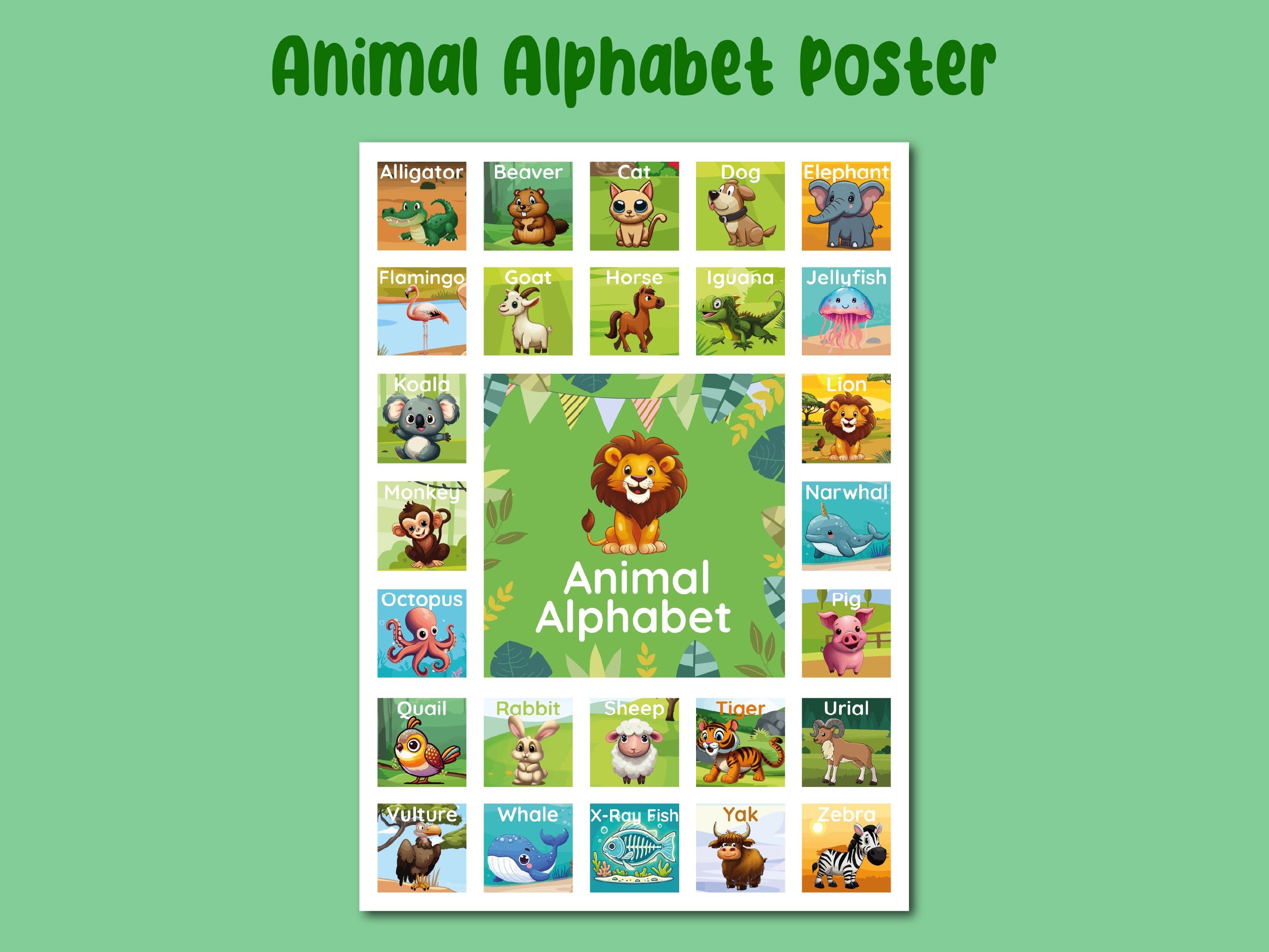 Animal Alphabet Poster, Educational Animal Alphabet Poster for Kids ...