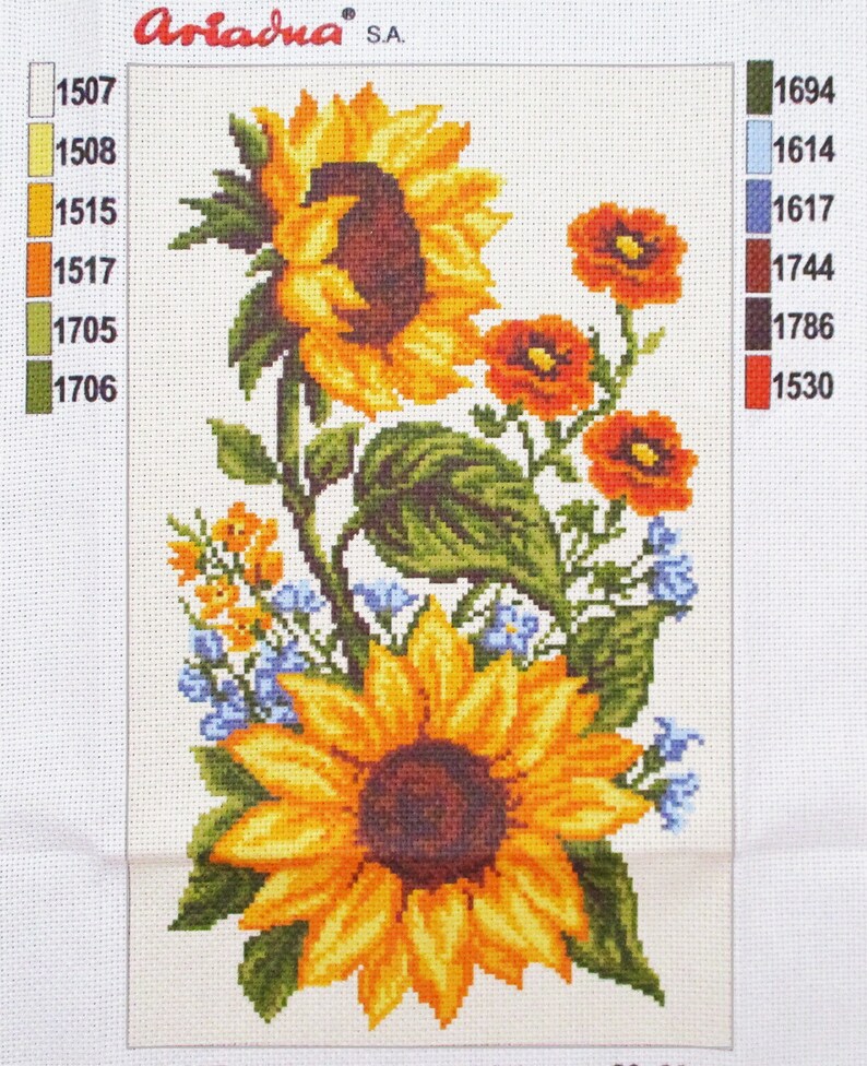 Sunflowers Counted Cross Stitch Kit Aida 14 Ct PRINTED, Floss 12 Colors ...